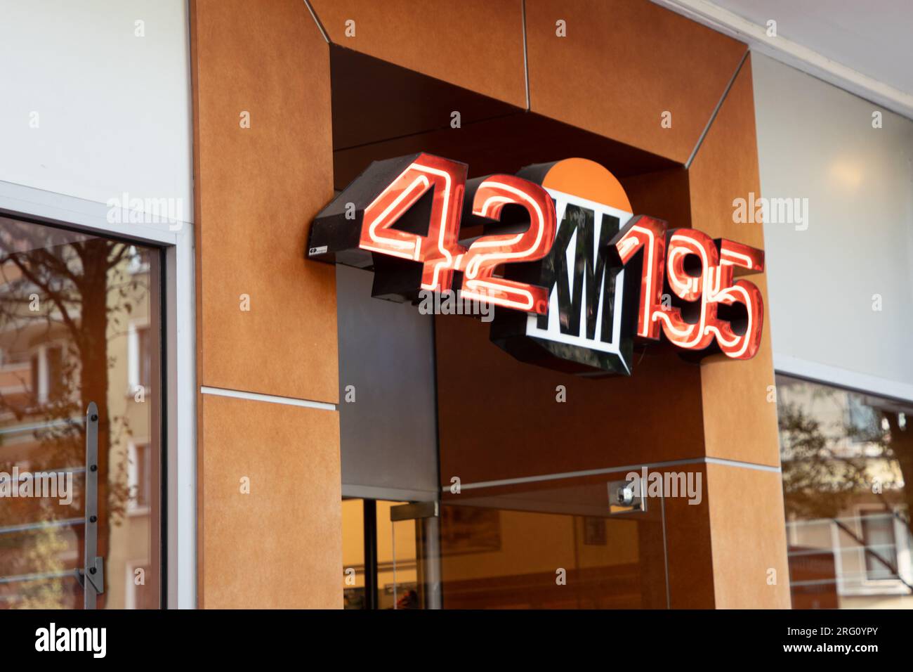 annecy , France - 08 01 2023 : 42km195 logo brand and text sign front wall entrance boutique ...