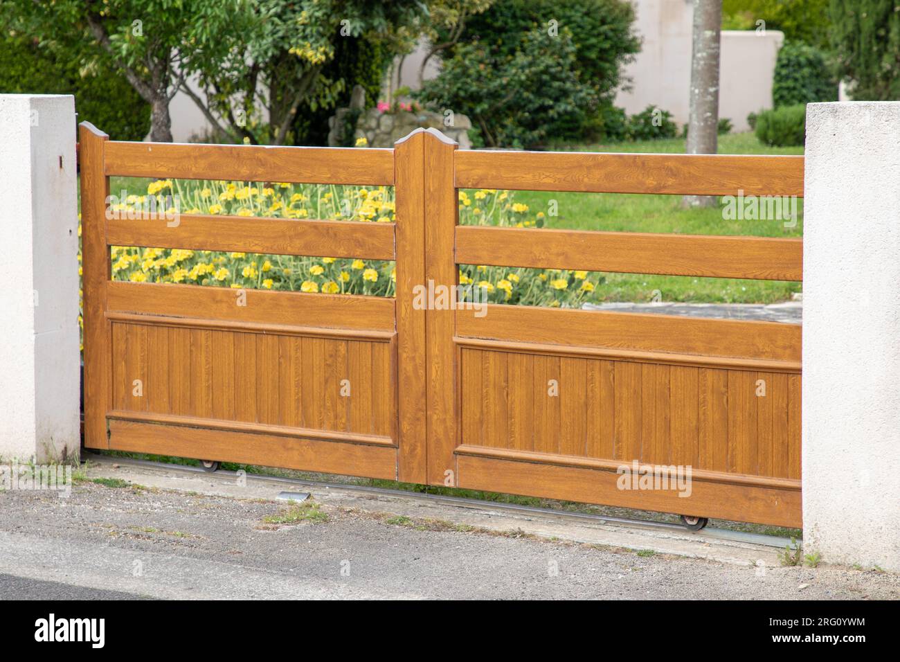 entry wooden gate closed of private house suburb wood portal access ...