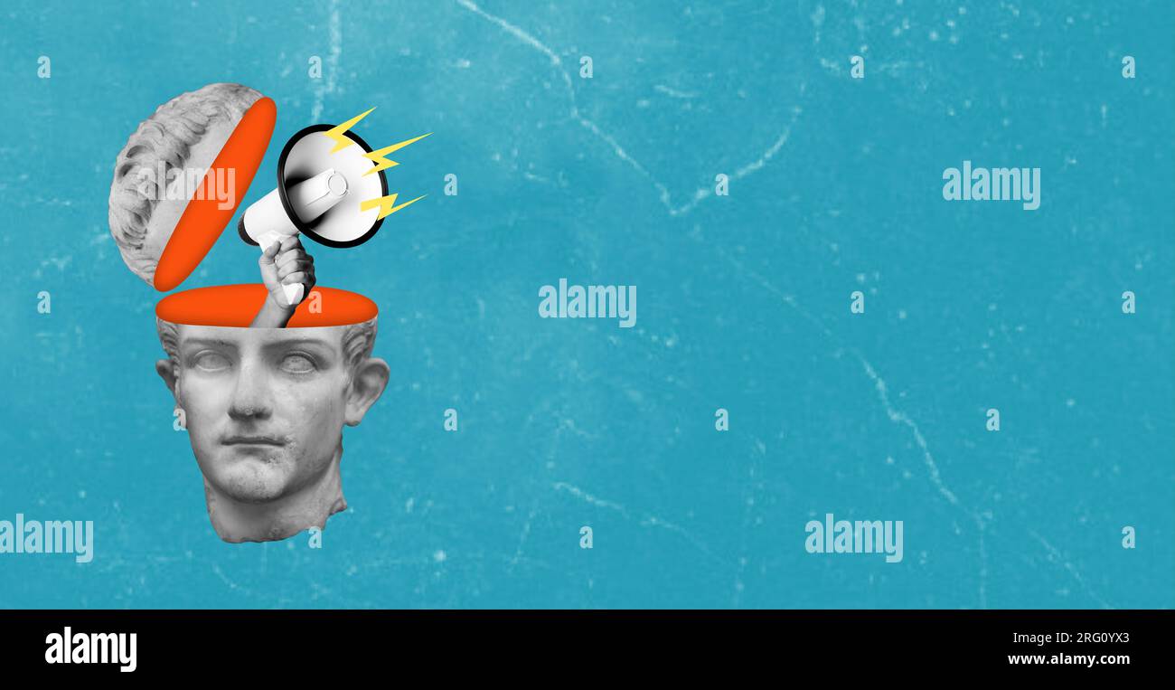 Contemporary art collage. Creative design. Sculpture of a man with a ...