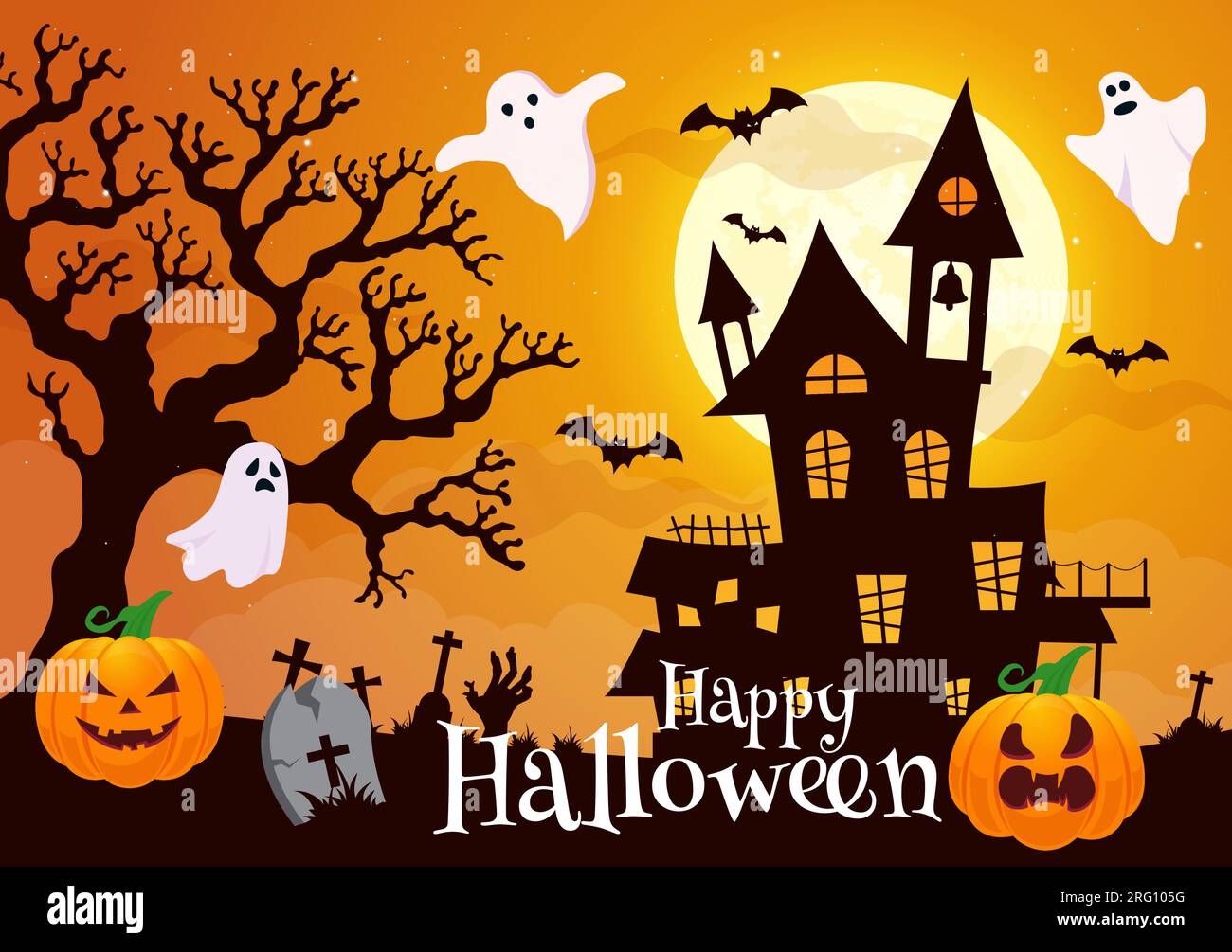 Halloween Night Background Vector Illustration with Pumpkins on the ...