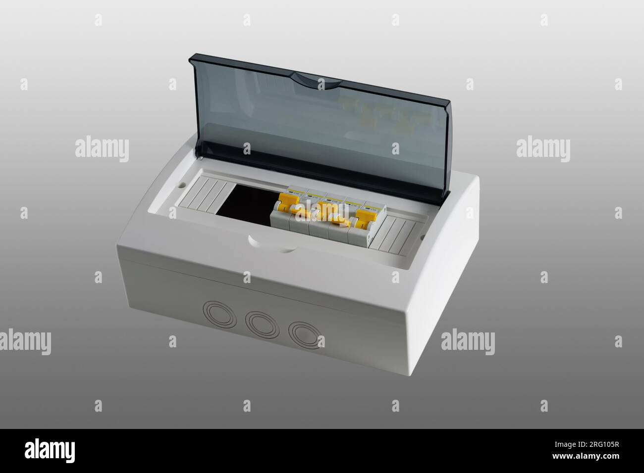 Plastic distribution board. Electrical board. Close-up. Isolated on ...