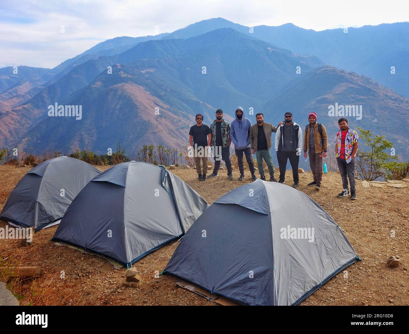 October 14th 2022, Uttarakhand India.Trekker friends posing for group ...