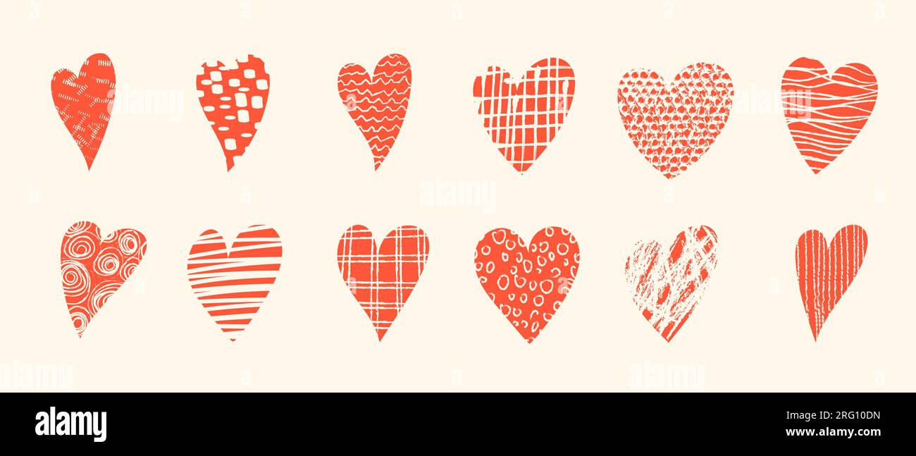 Naive playful hearts with loop, drops, spots, curves, lines and waves ...