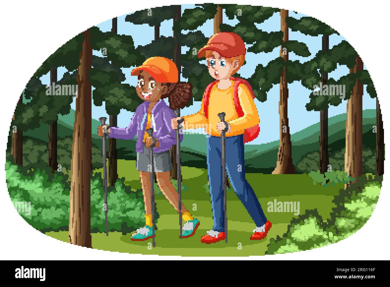 A vector cartoon illustration of a multiracial couple enjoying a hike in a forest Stock Vector ...
