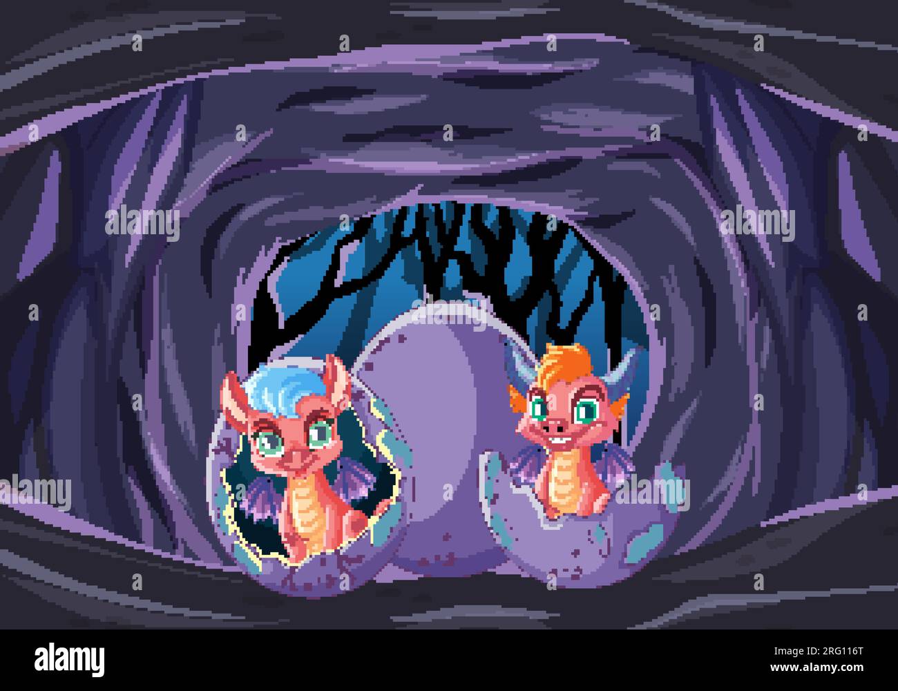 A cartoon illustration of a baby dragon hatching from an egg in a cave ...