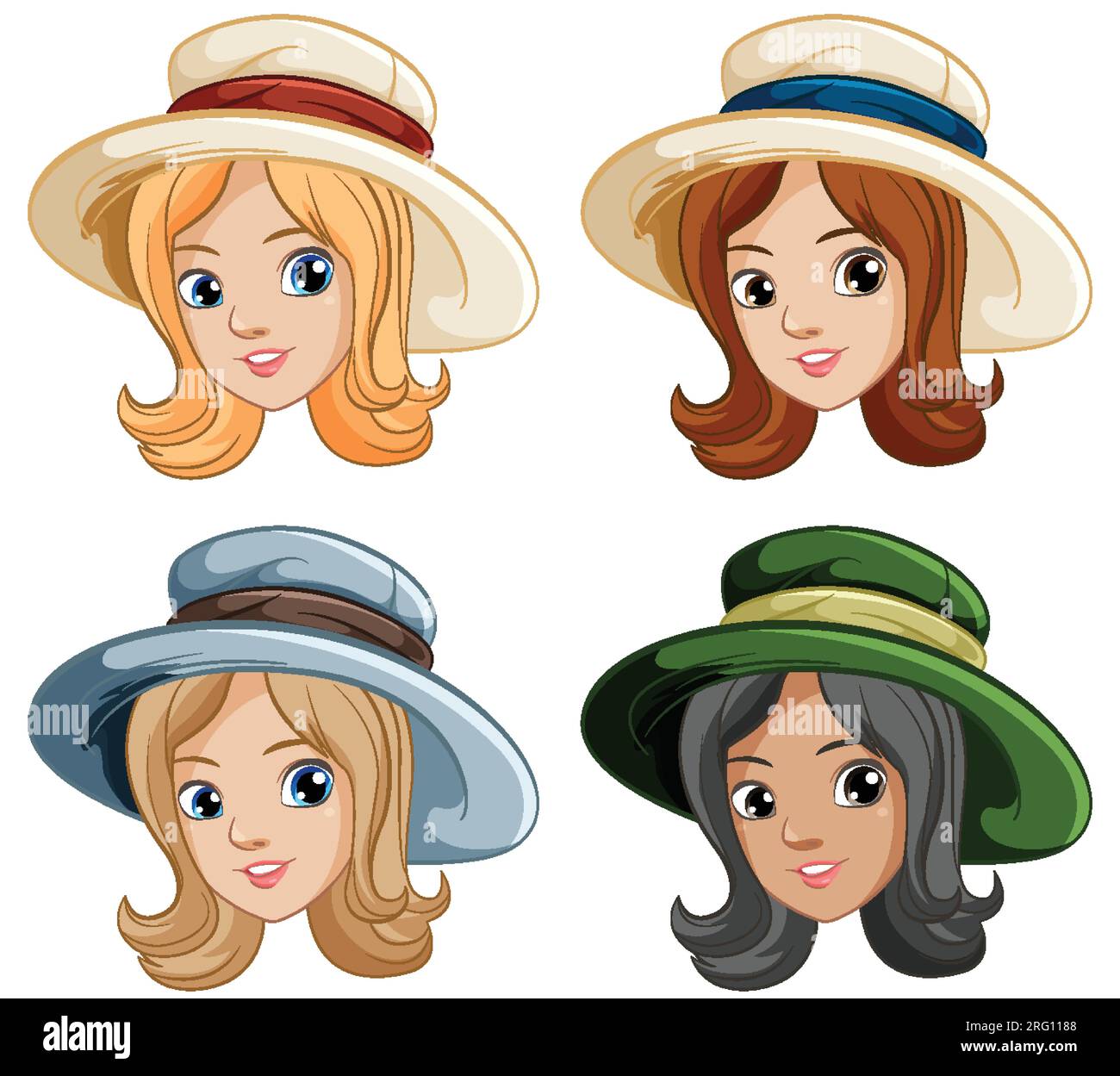 Four beautiful women wearing vintage hats in a vector cartoon ...