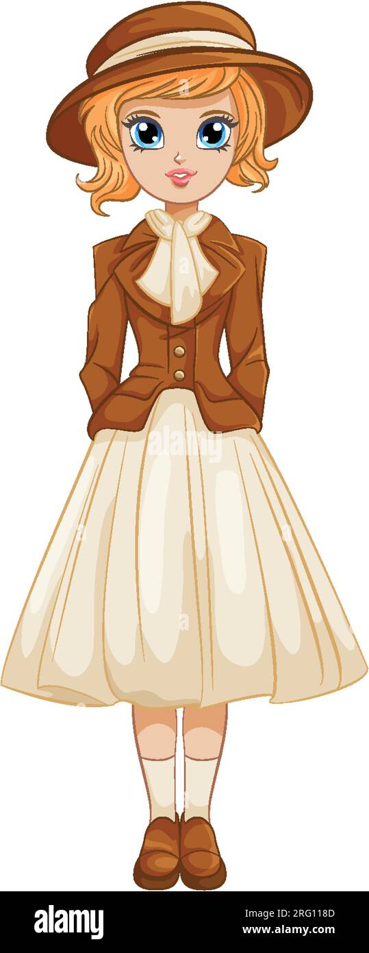 A cartoon vector illustration of a Western girl wearing a vintage ...