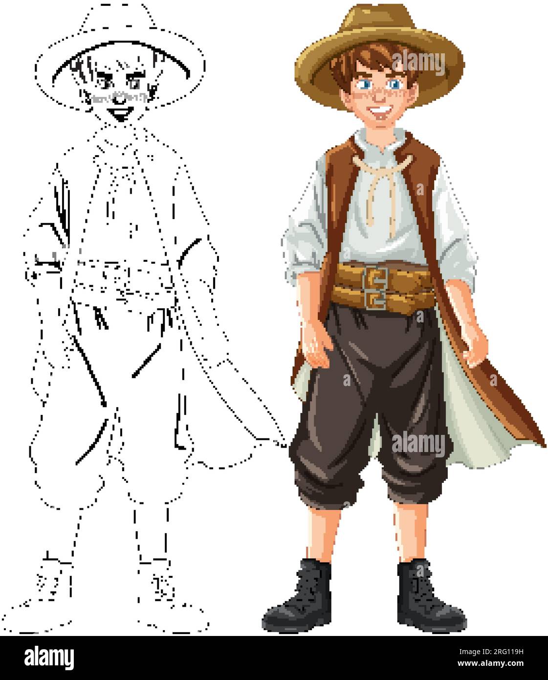 A cartoon illustration of a man wearing a traditional medieval villager ...