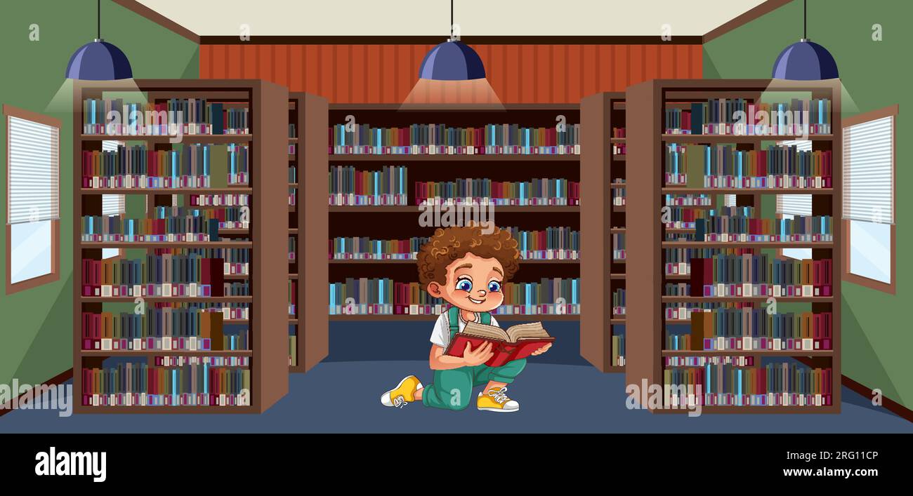 A young boy is reading a book in a library, surrounded by bookshelves ...