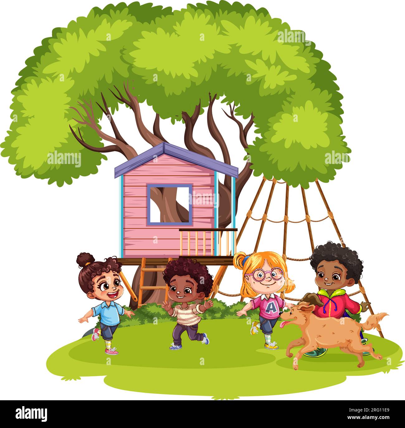 A cartoon illustration of multicultural children and a dog playing at a ...