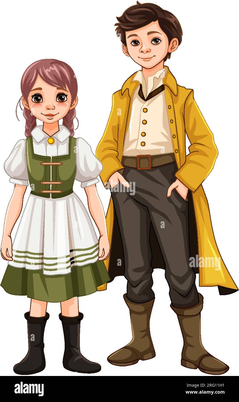 A cartoon illustration of a man and woman dressed in vintage clothing ...