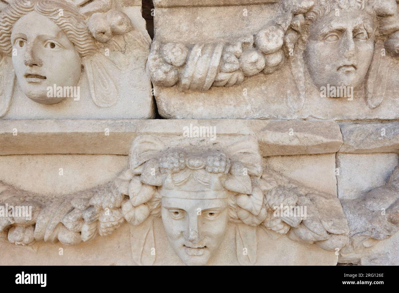 Ancient stone head sculptures in Afrodisias archeology landmark site ...