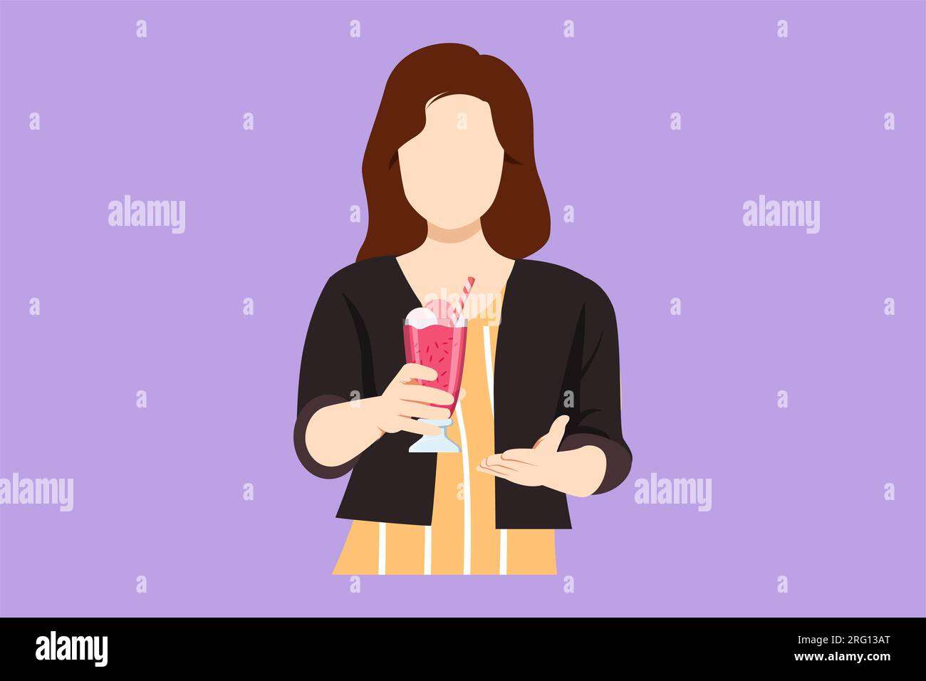 Cartoon flat style drawing young girl holding and showing glass of ...