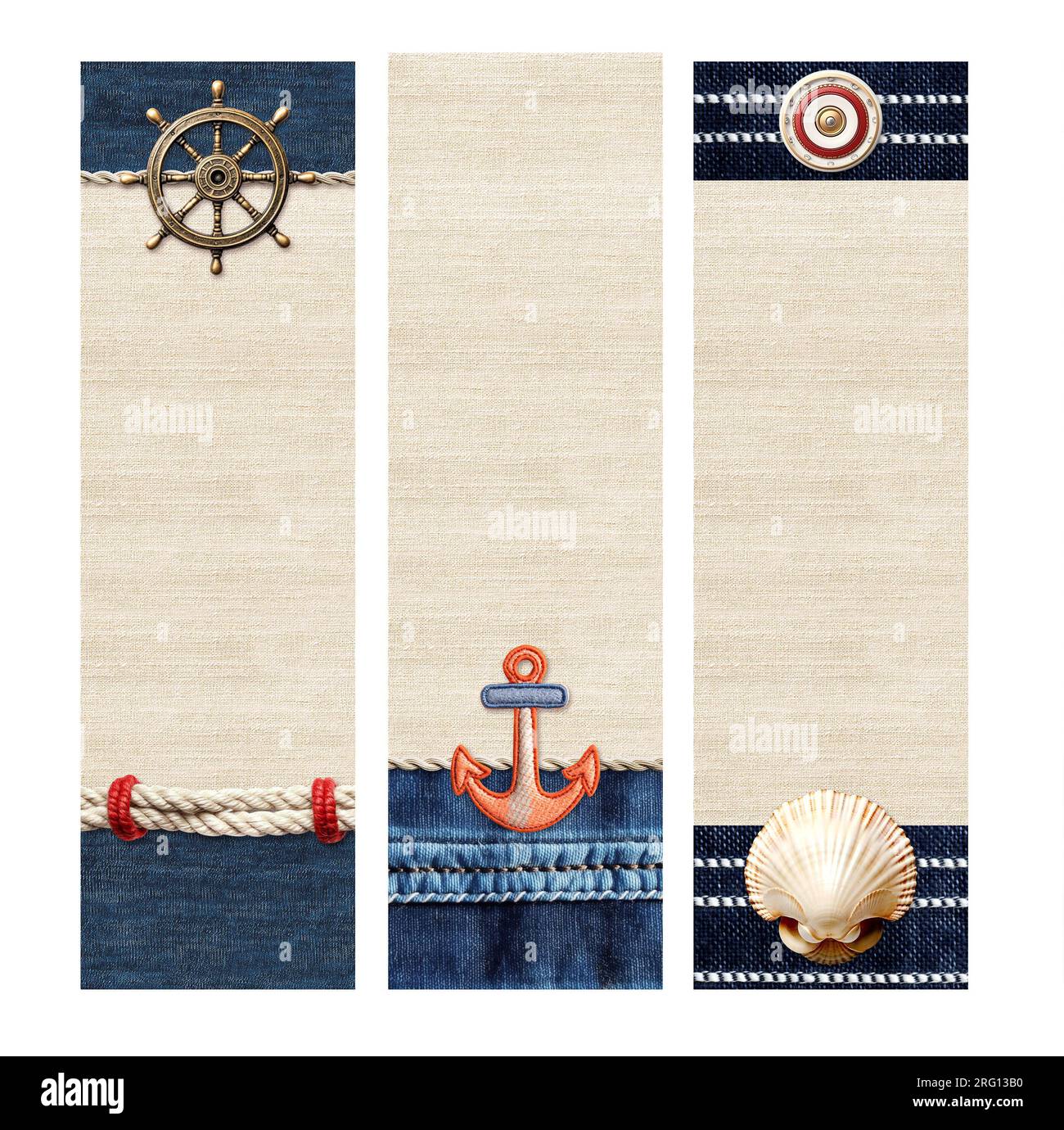 Set of vintage travel vertical banners with shell, felt anchor on denim ...