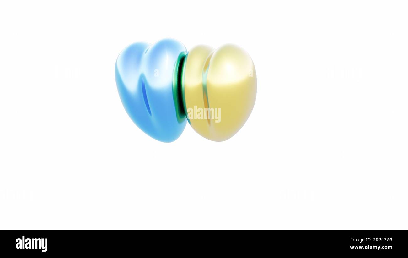 Metal hearts yellow and blue collide on transparent back 3d render ...