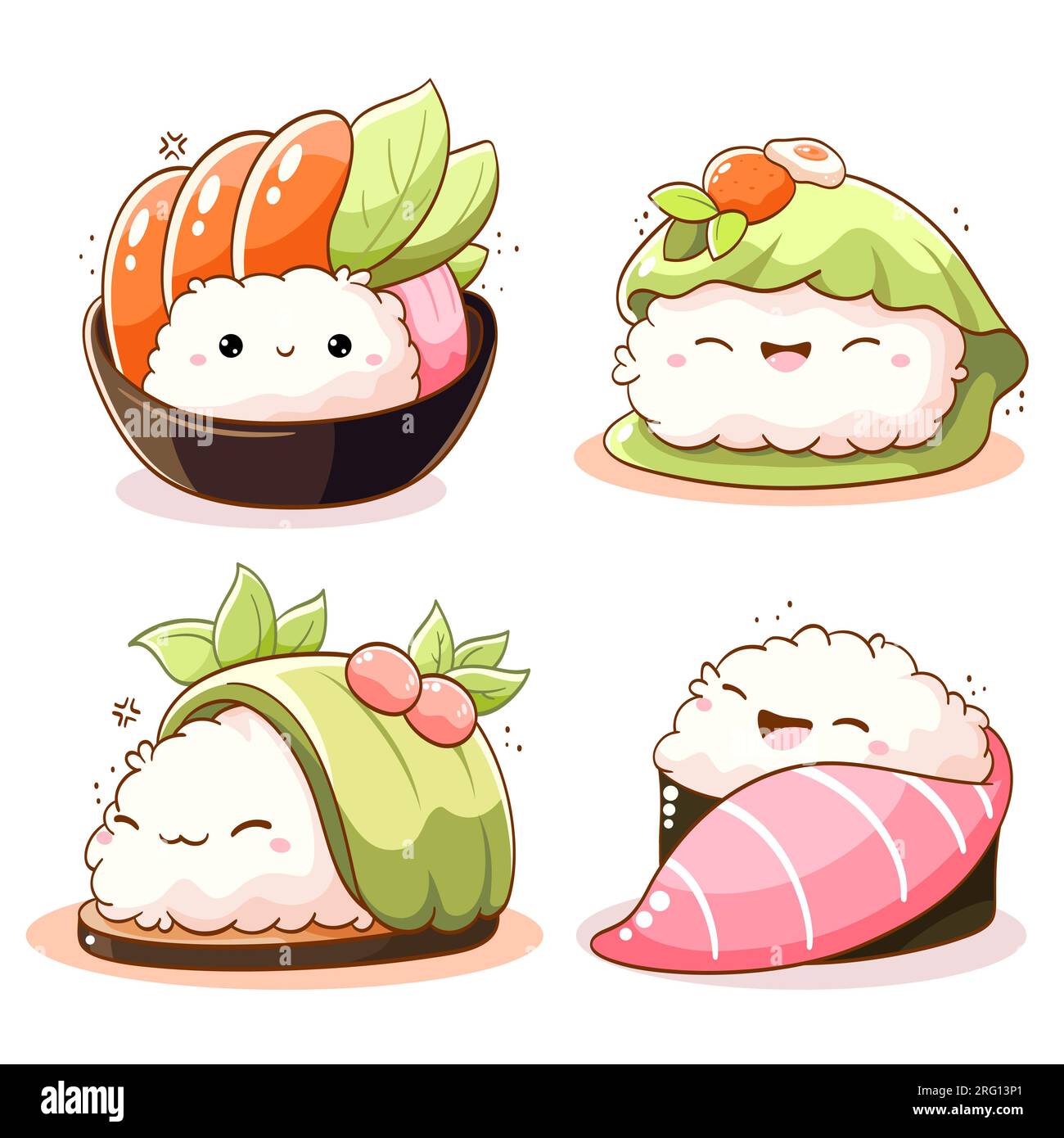 Set of cute sushi and rolls in kawaii style with smiling faces ...