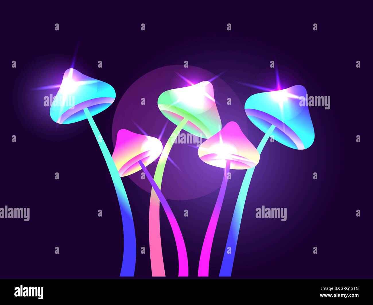 Magic mushrooms with a bright glow. Gradient mushrooms on a high stem ...