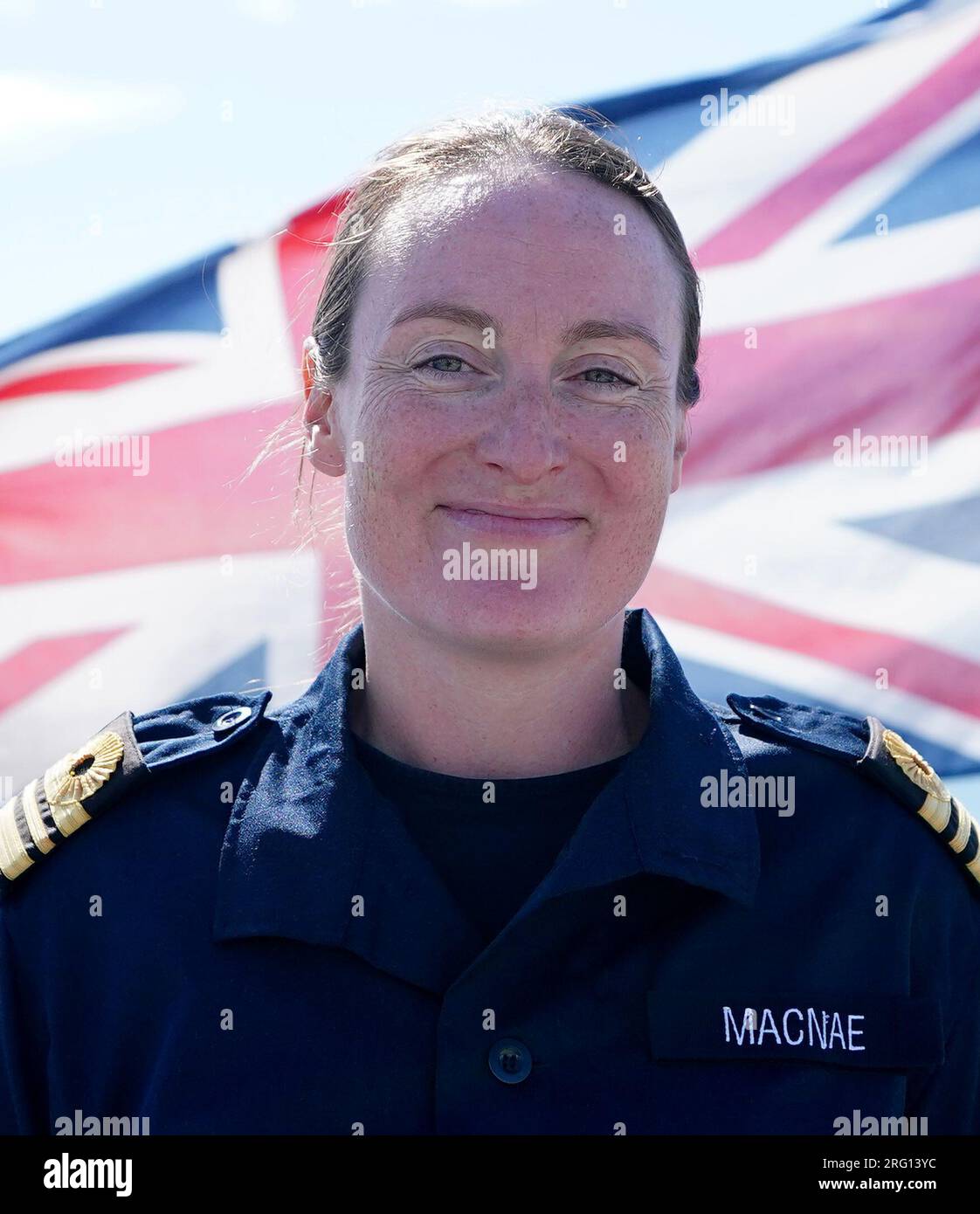 Commanding Officer Bridget MacNae speaks to the media from aboard HMS ...