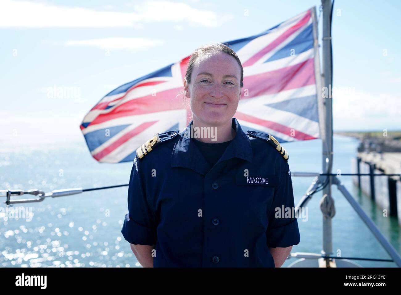 Commanding Officer Bridget MacNae speaks to the media from aboard HMS ...