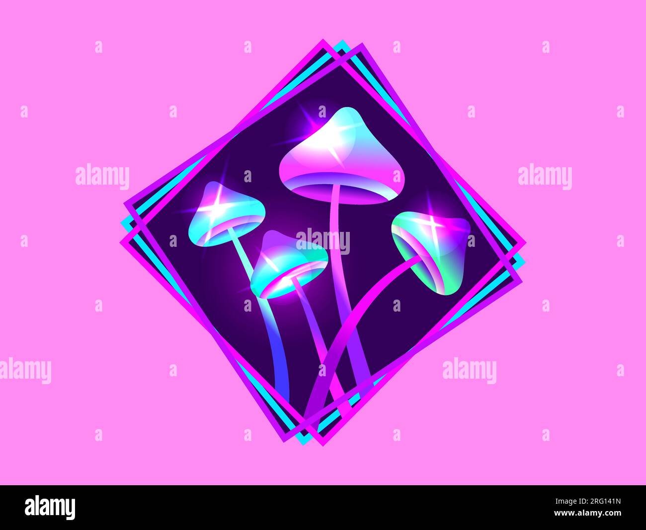 Magic mushrooms in a square frame. Fairy mushrooms with a bright glow ...