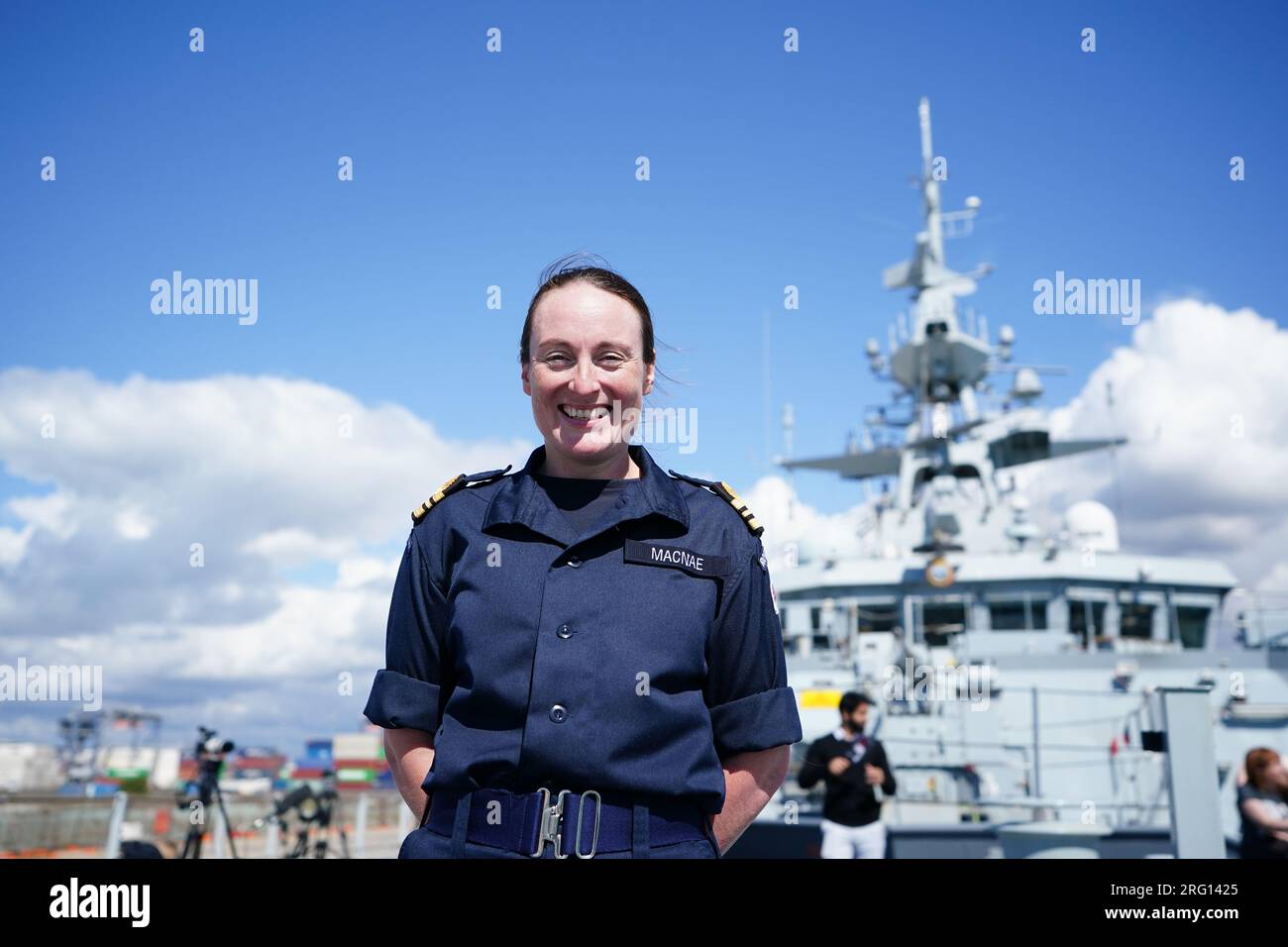 Commanding Officer Bridget MacNae speaks to the media from aboard HMS ...