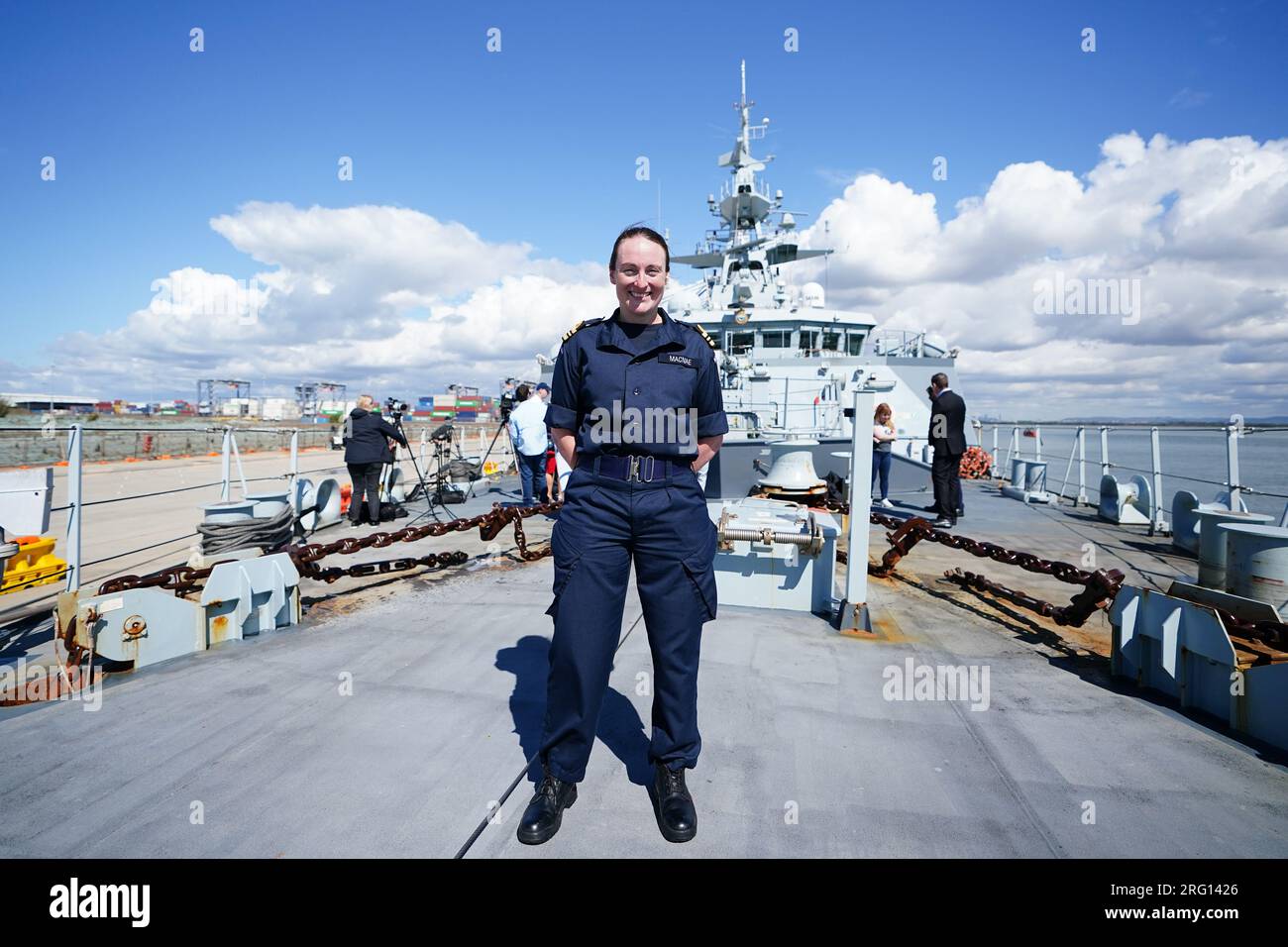 Commanding Officer Bridget MacNae speaks to the media from aboard HMS ...