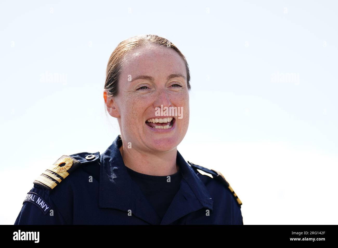 Commanding Officer Bridget MacNae speaks to the media from aboard HMS ...