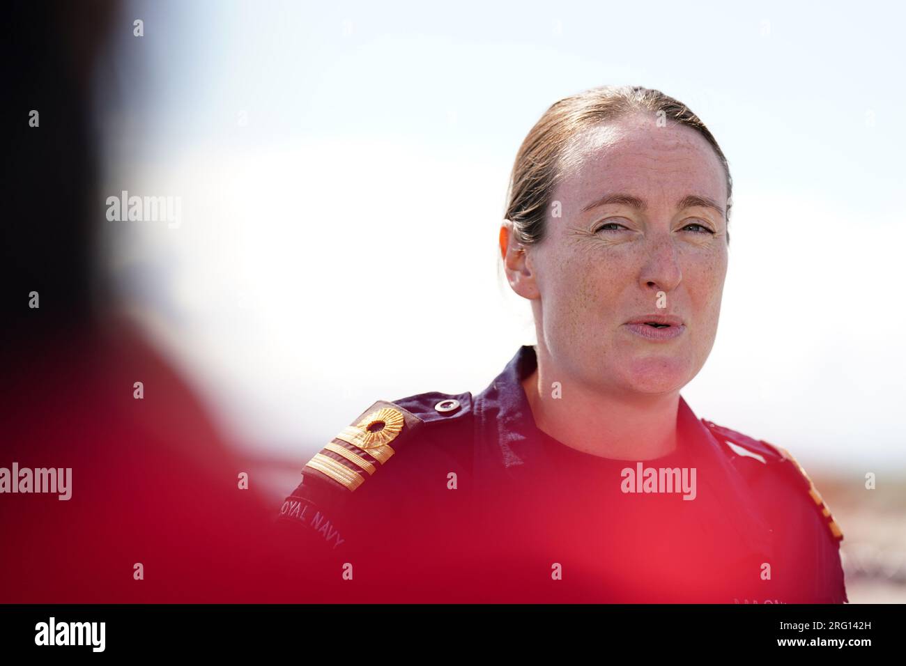 Commanding Officer Bridget MacNae speaks to the media from aboard HMS ...