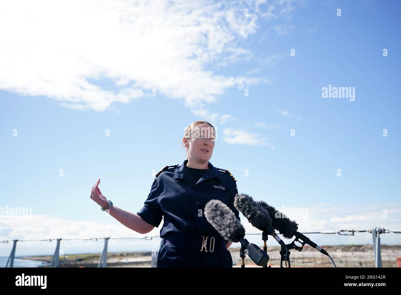 Commanding Officer Bridget MacNae speaks to the media from aboard HMS ...