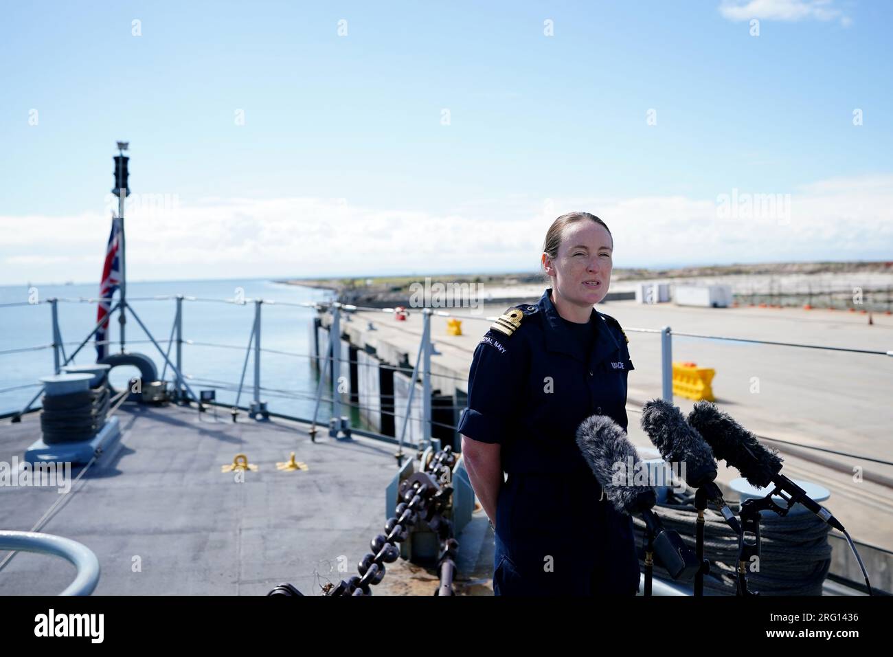 Commanding Officer Bridget MacNae speaks to the media from aboard HMS ...