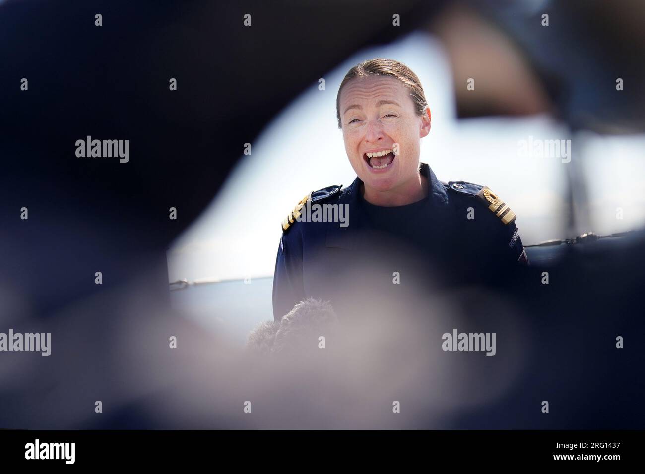 Commanding Officer Bridget MacNae speaks to the media from aboard HMS ...
