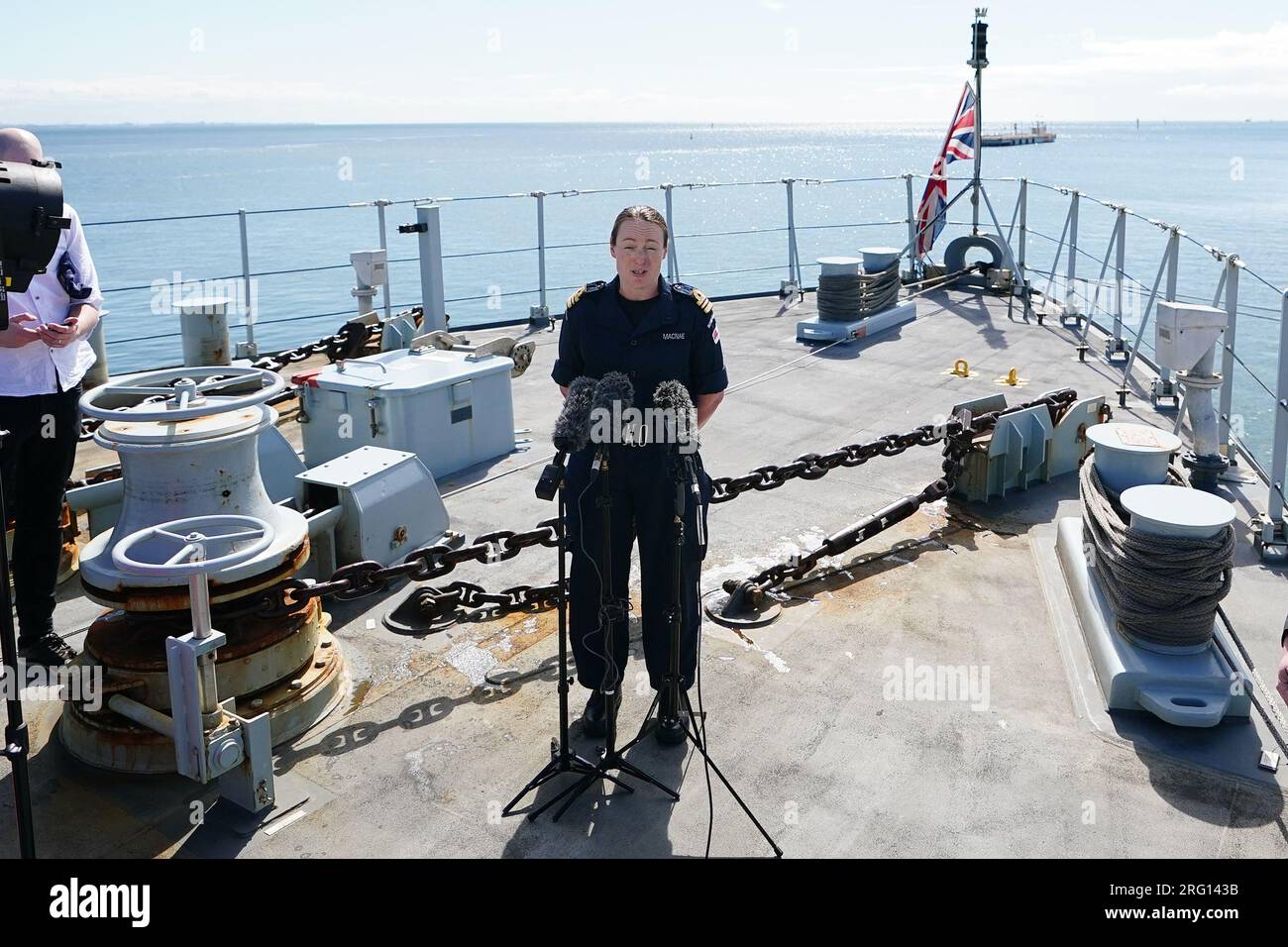 Commanding Officer Bridget MacNae speaks to the media from aboard HMS ...