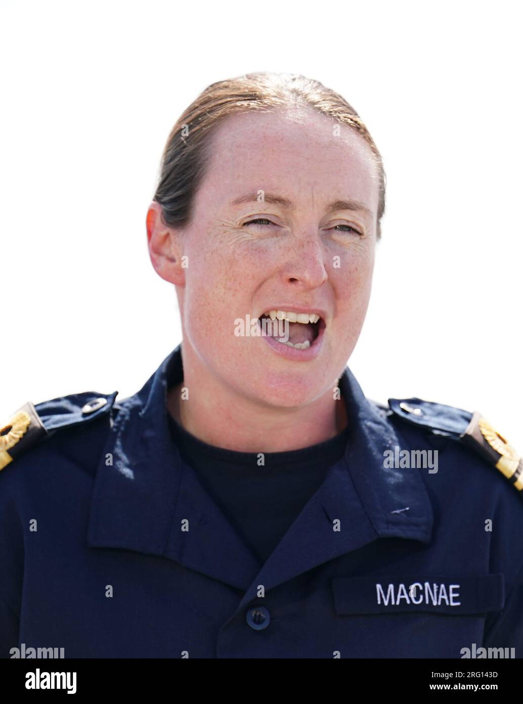 Commanding Officer Bridget MacNae speaks to the media from aboard HMS ...