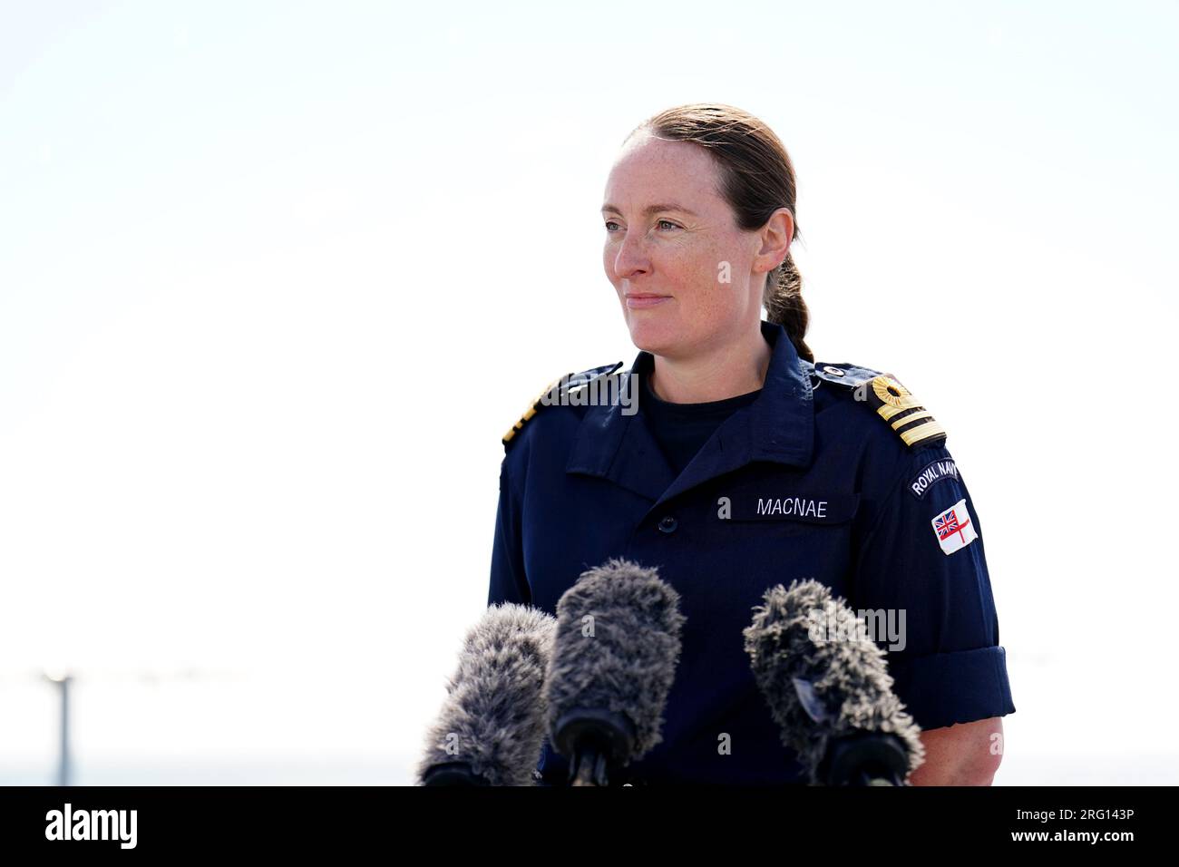 Commanding Officer Bridget MacNae speaks to the media from aboard HMS ...