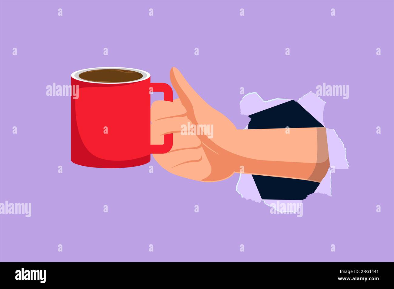 Character flat drawing of human hand holding mug of coffee through torn ...