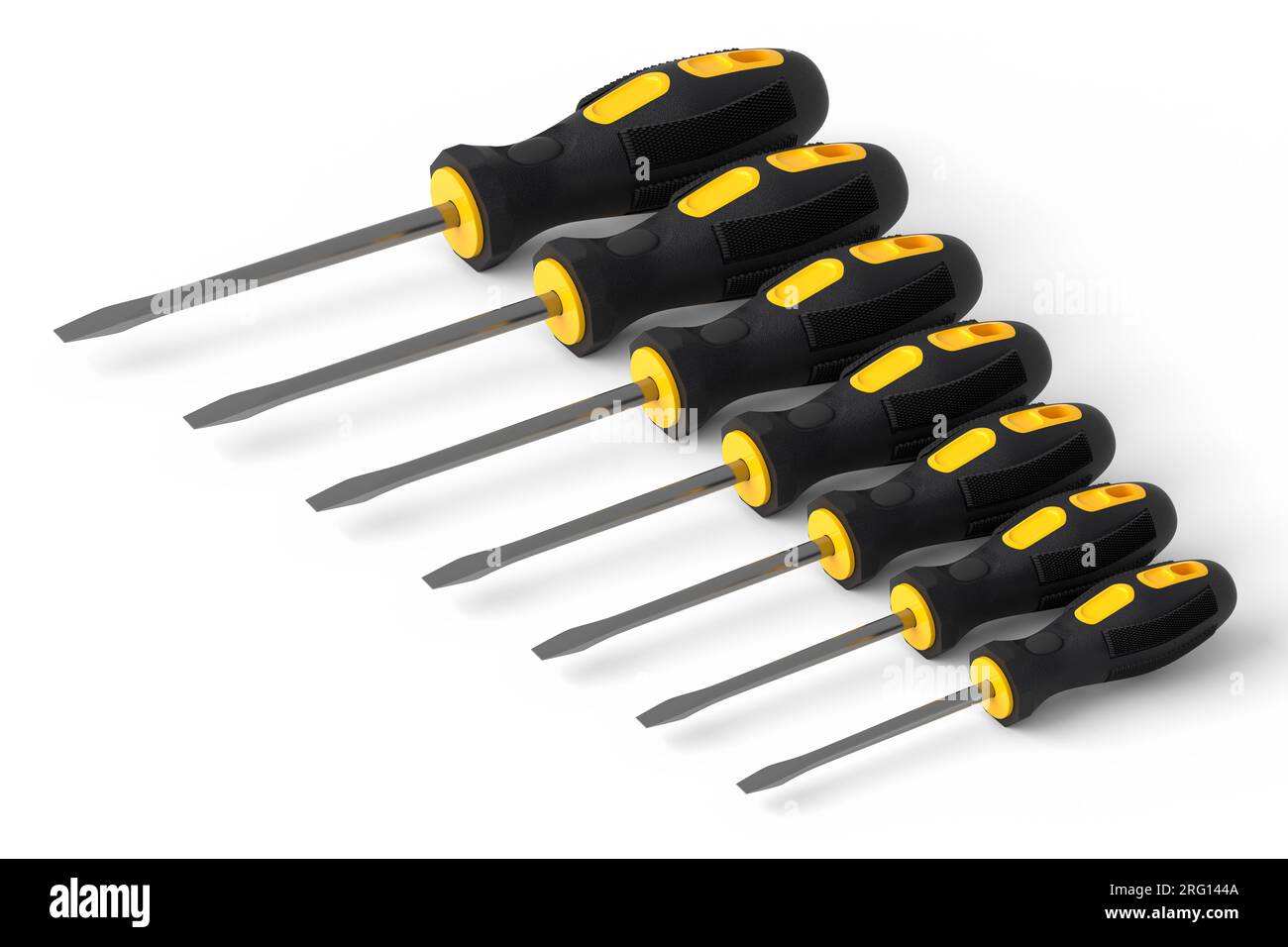 Set of black and yellow screwdriver on white background top view. 3d ...