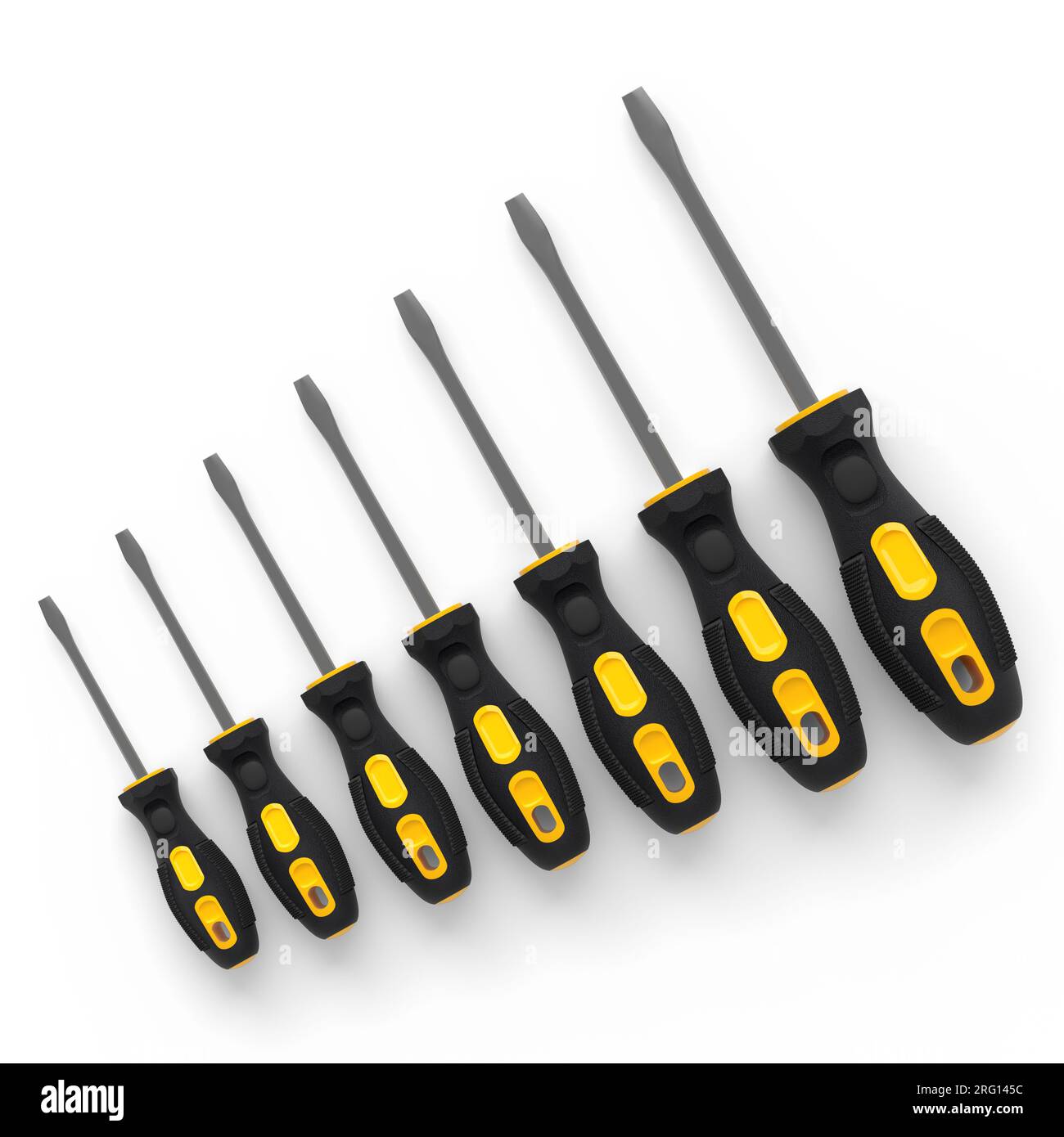 Set of black and yellow screwdriver on white background top view. 3d ...