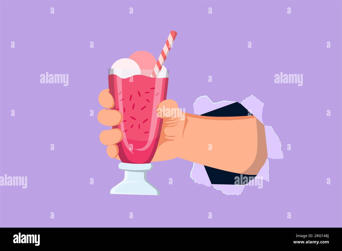 Character flat drawing hand holds glass milkshake with whipped cream ...