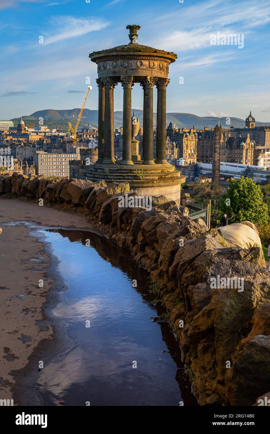 Dugald Stewart Monument on Calton Hill at sunset in Edinburgh, Scotland ...