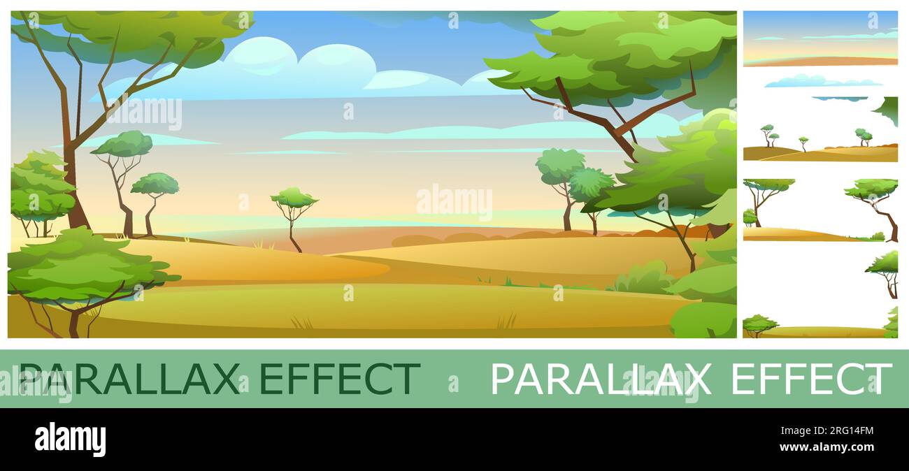 Landscape African savannah. Acacia and sand desert. set of slides create parallax image layer ...
