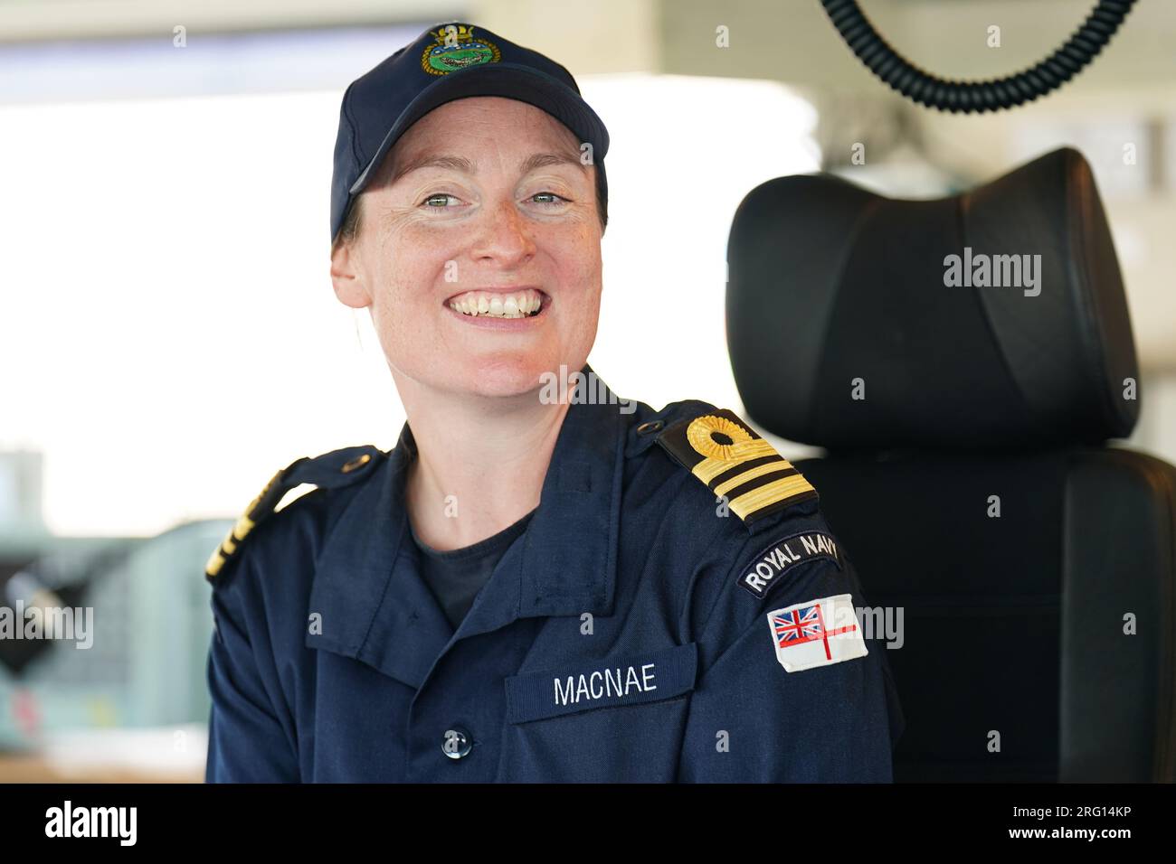 Commanding Officer Bridget MacNae speaks to the media from aboard HMS ...