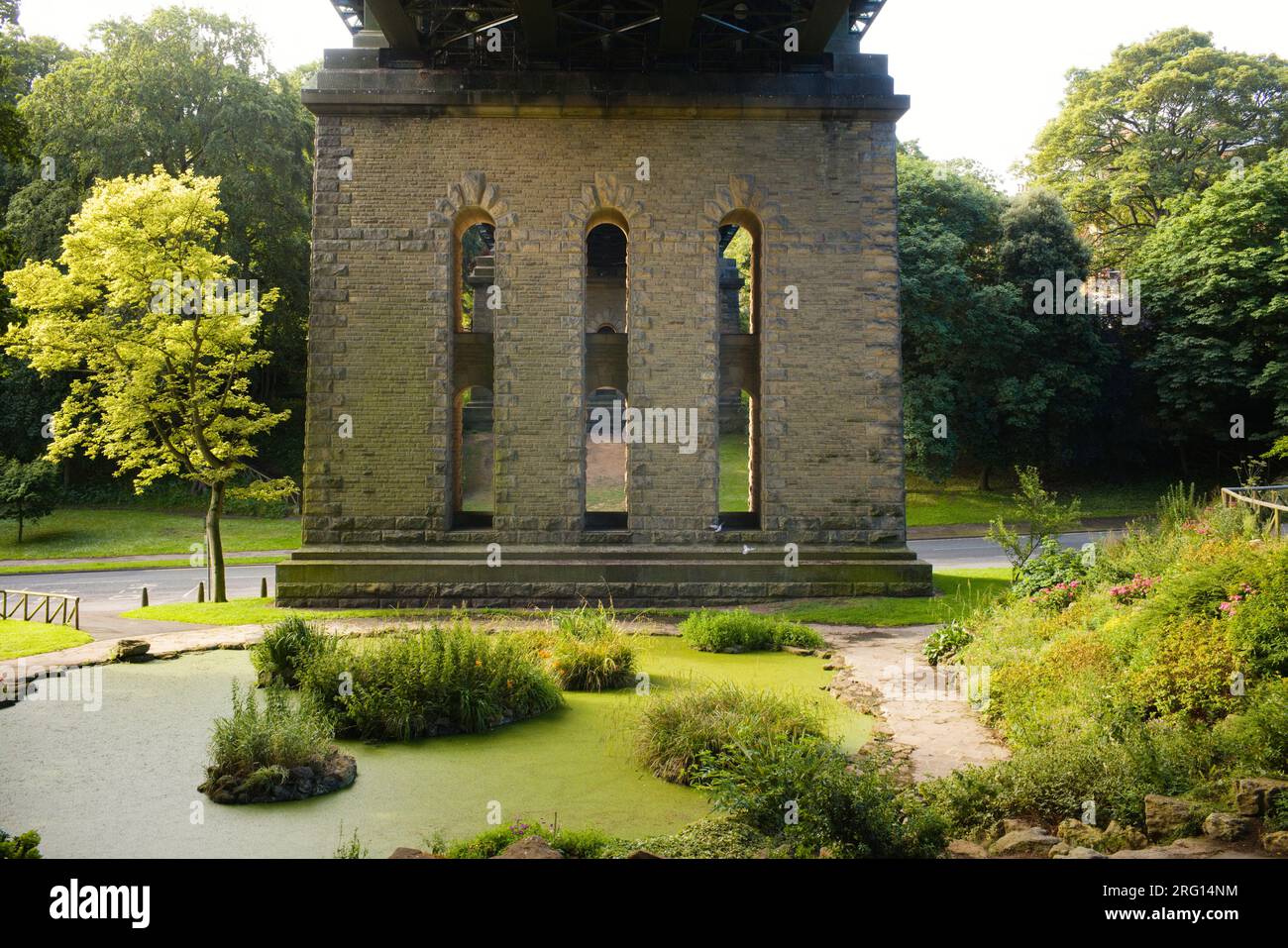 Underneath Valley Bridge in Scarborough with pond in foreground Stock ...