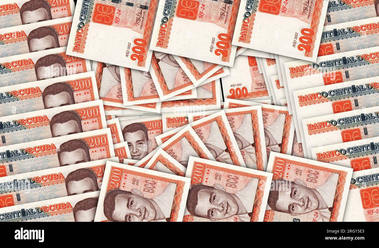 Cuba Peso banknotes in a cash fan mosaic pattern. 200 CUP money notes ...