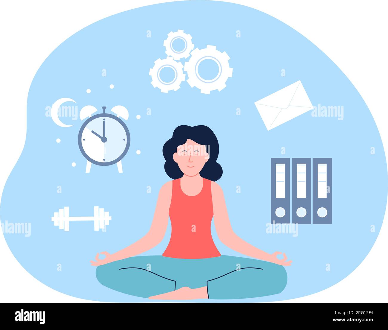 Female job life balance, meditation woman with icons of work, sleep ...