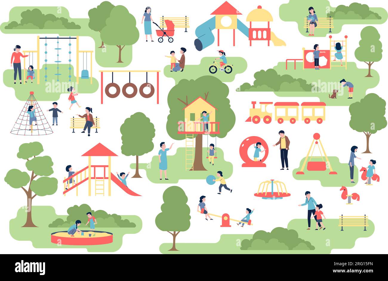 Children play in town playground in park. Kids outdoor activities ...