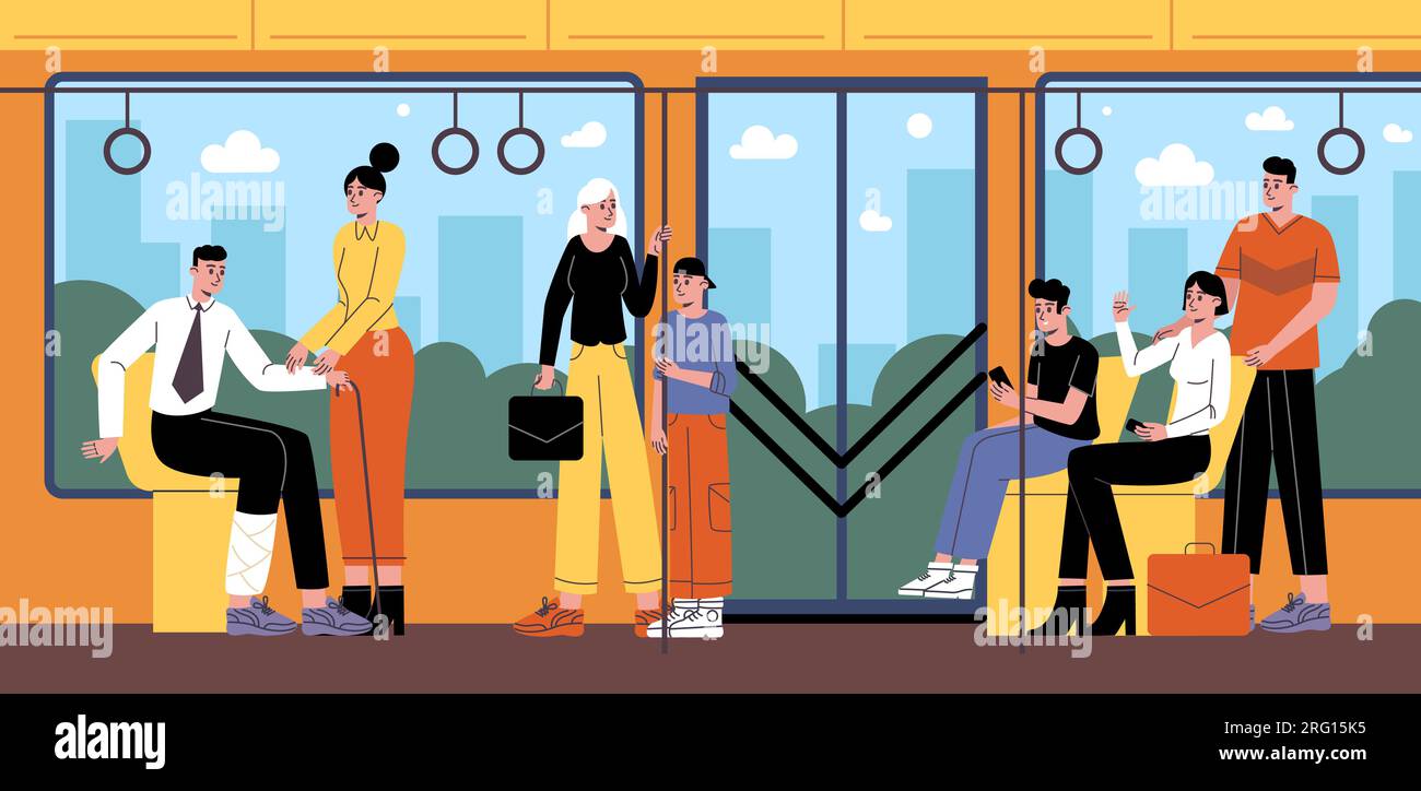 Bus passengers. People go in urban transport about business. Citizens ...