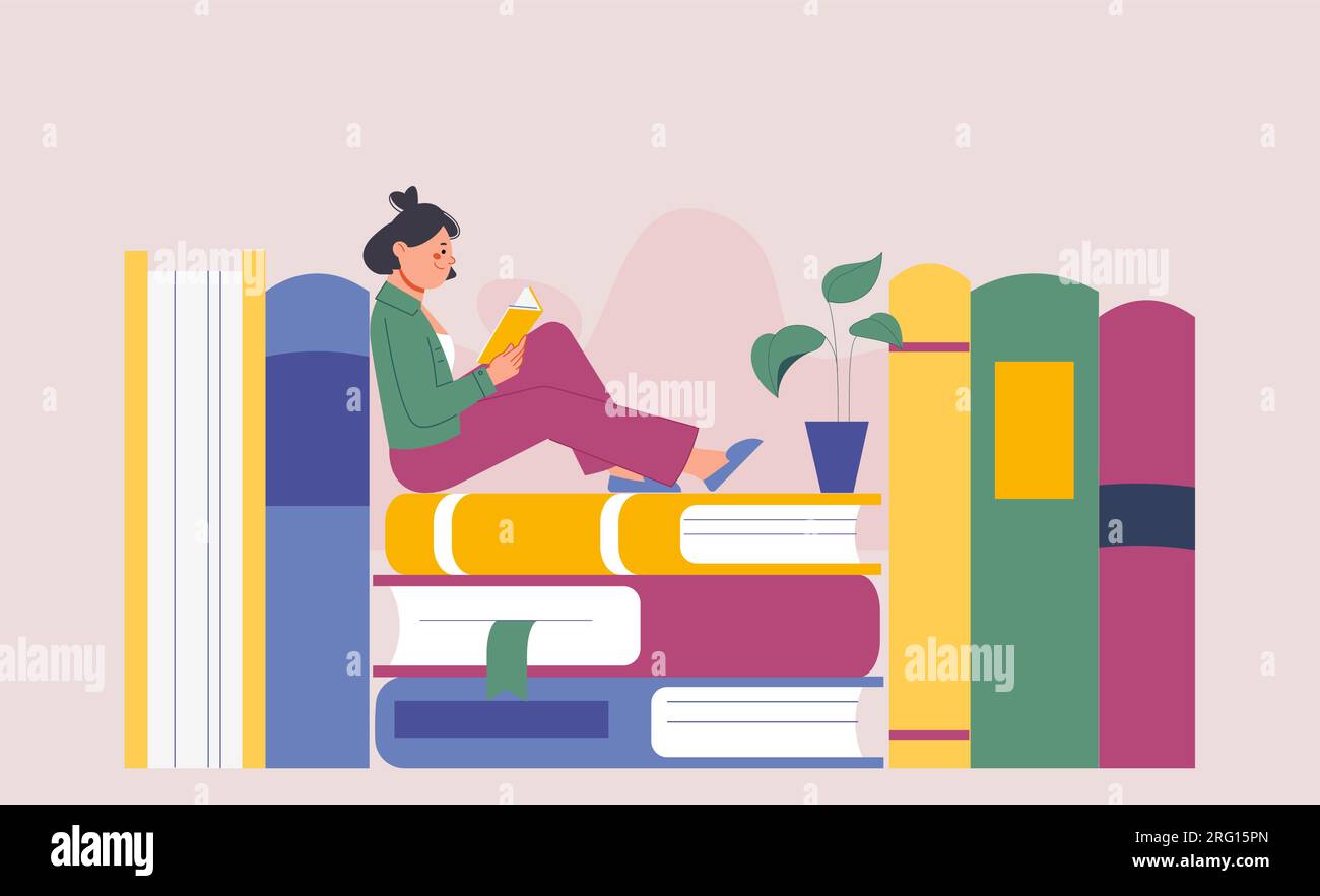 Girl reading book concept. Student read textbook or diary, giant books ...