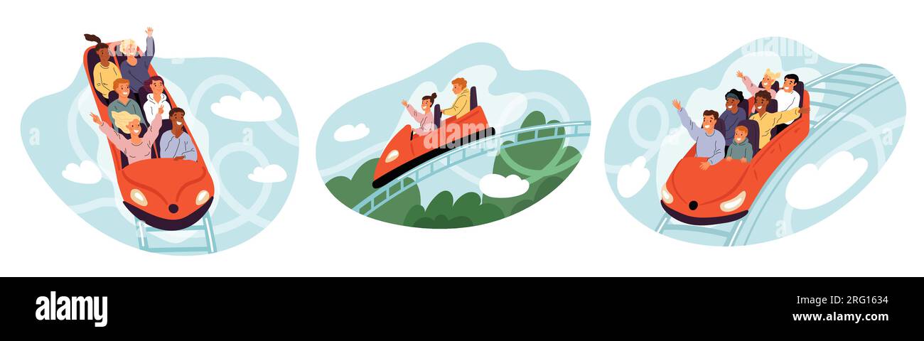 People on roller coaster. Extreme feelings in amusement park. Visitors ...