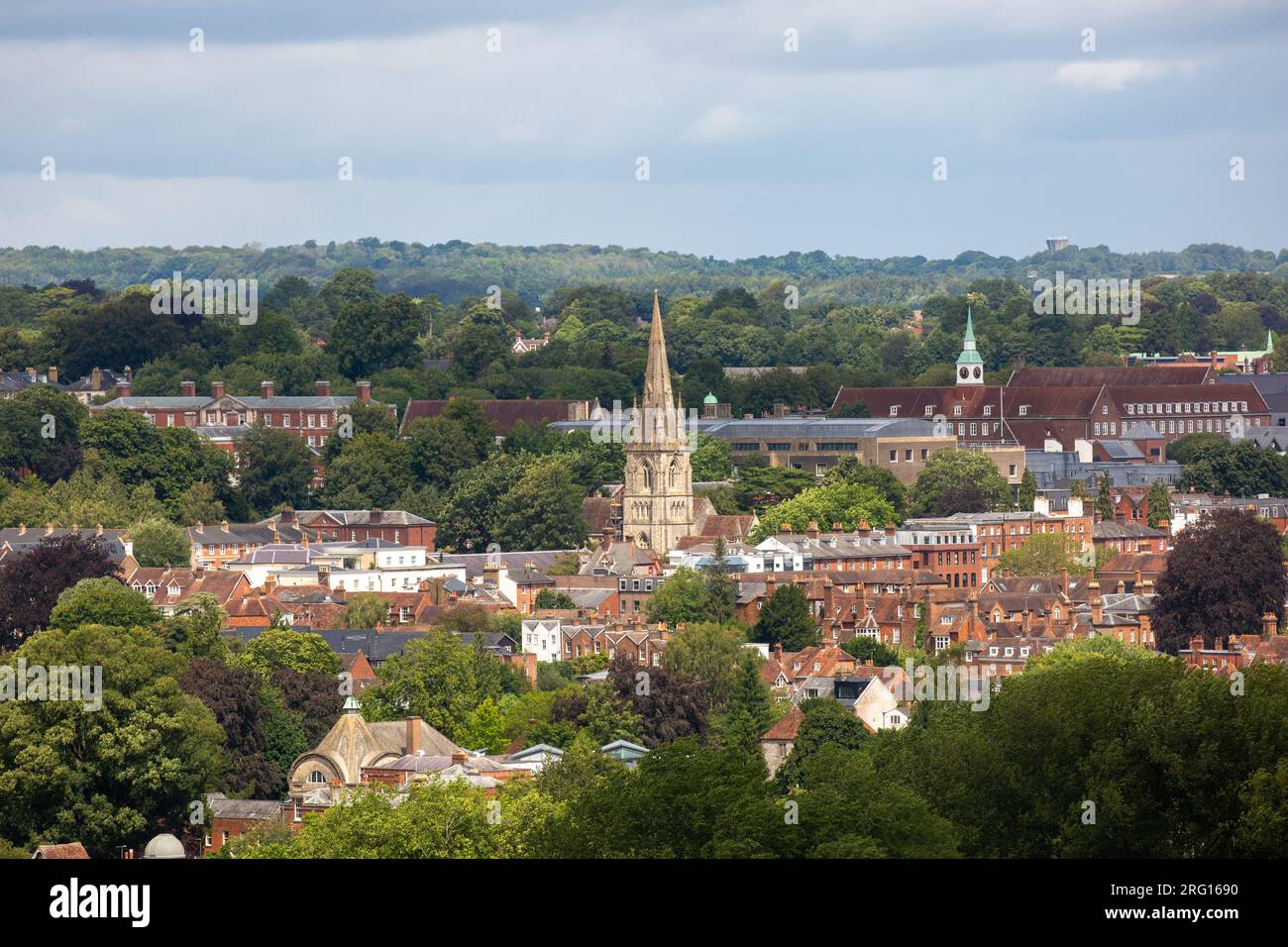 Aerial view from above of the Hampshire city of Winchester as seen from ...