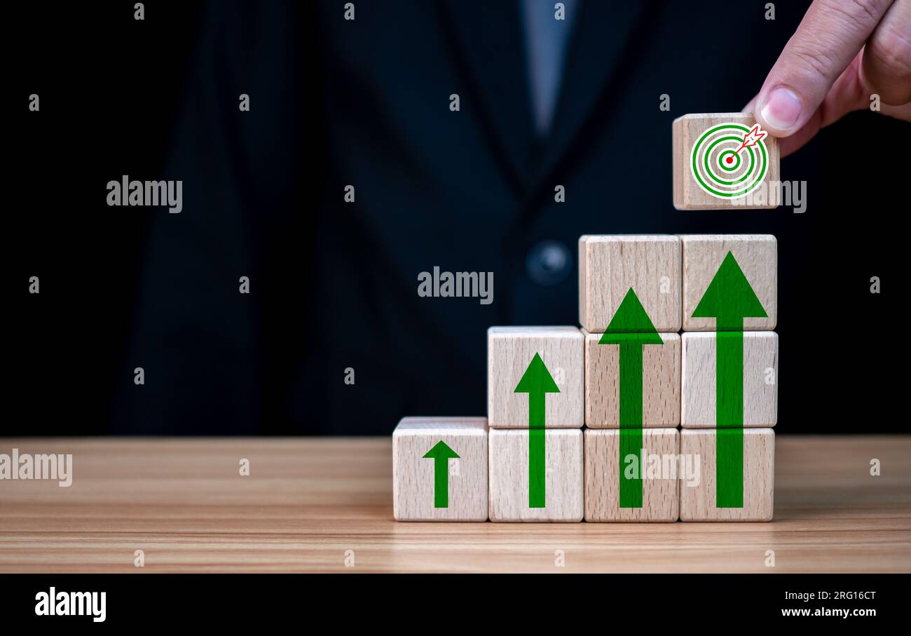 Businessman hand holding a wooden block which prints a target icon ...